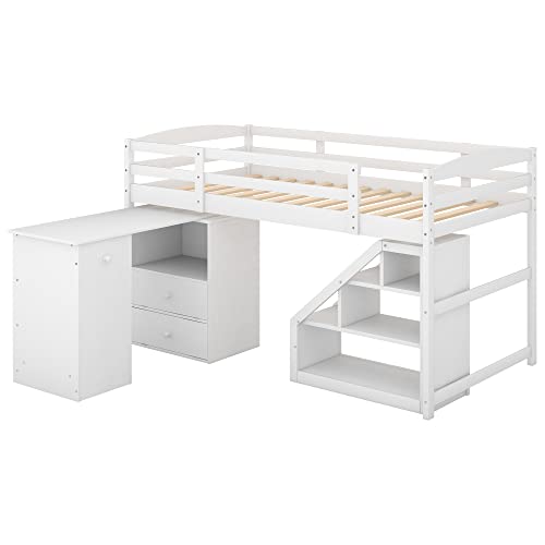 HYC Twin Loft Bed with Multifunctional Movable Built-in Desk, Wood Low Loft Bed with Stairs, for Kids Teens Girls Boys,White