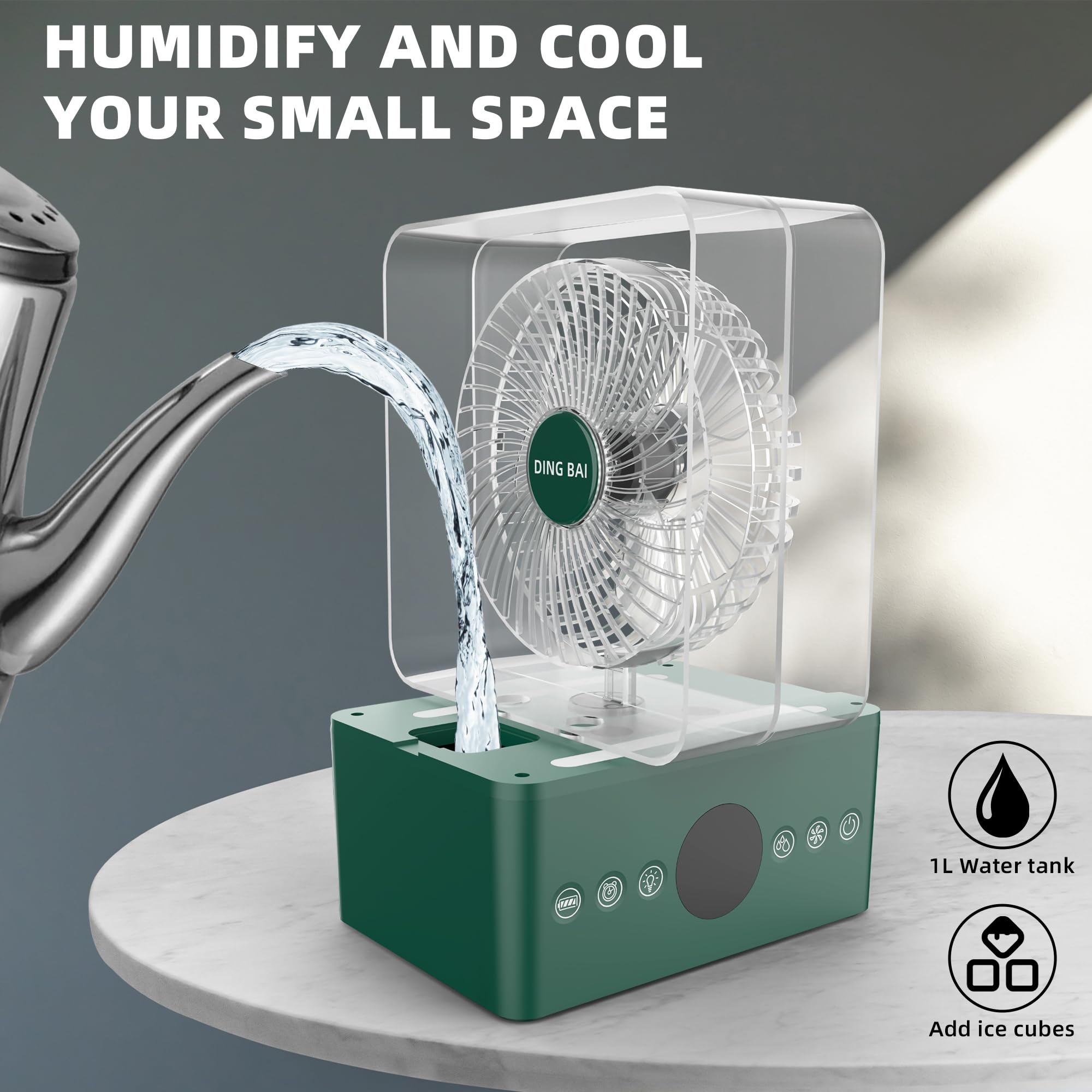 DINGBAI Portable Air Conditioner, Cooling Fan, Portable Air Conditioning Fan, Humidifying Fan, Built-in Battery, Timer, Thermometer, Water Level Monitor, Light Display, Battery Level Display.