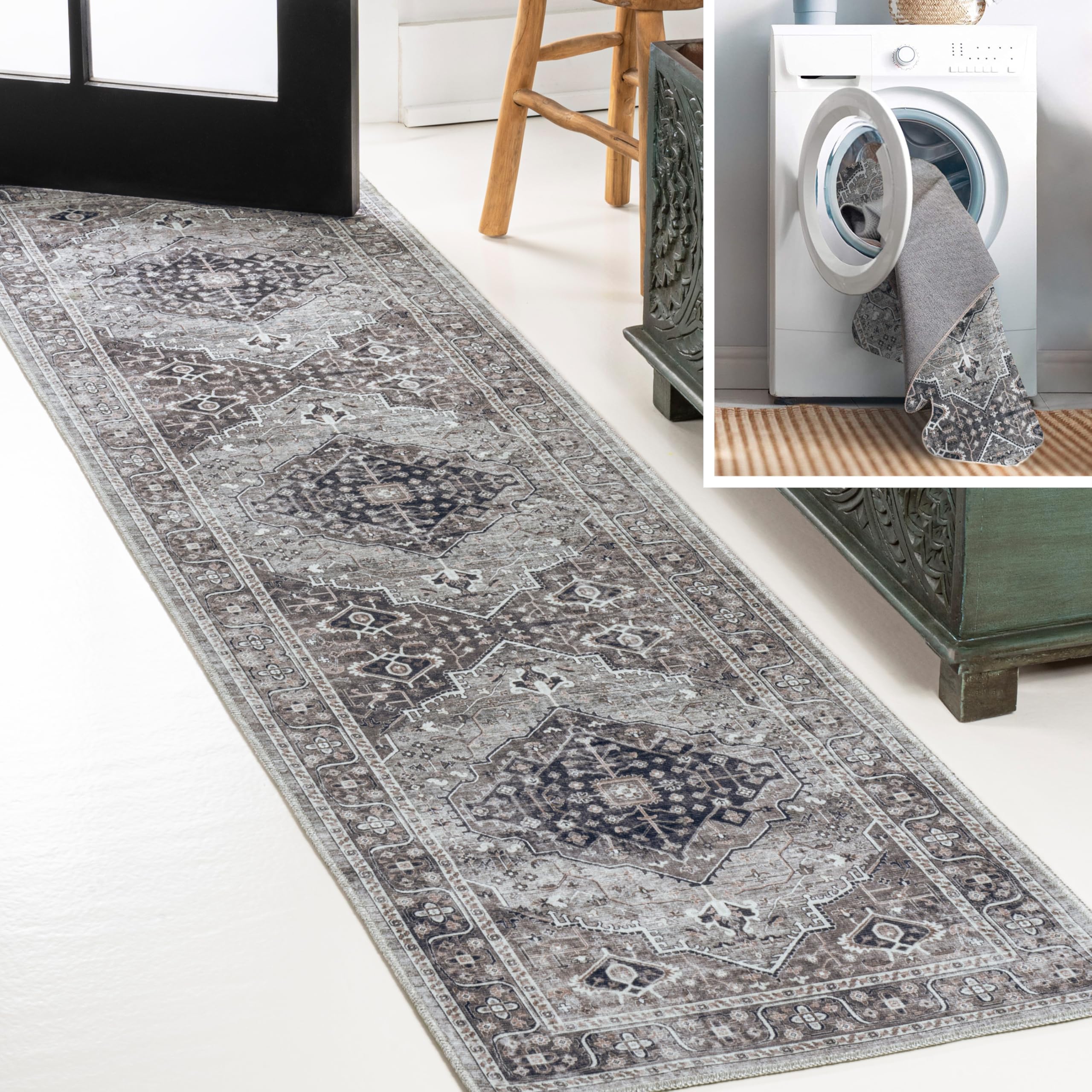 JONATHAN Y WSH103E-28 Alacati Ogee Medallion Machine-Washable Dark Gray/Light Gray 2 ft. x 8 ft. Runner Rug, Easy to Clean, Non-Shedding for Home, Kitchen, Living Room, Bedroom, Dining Room