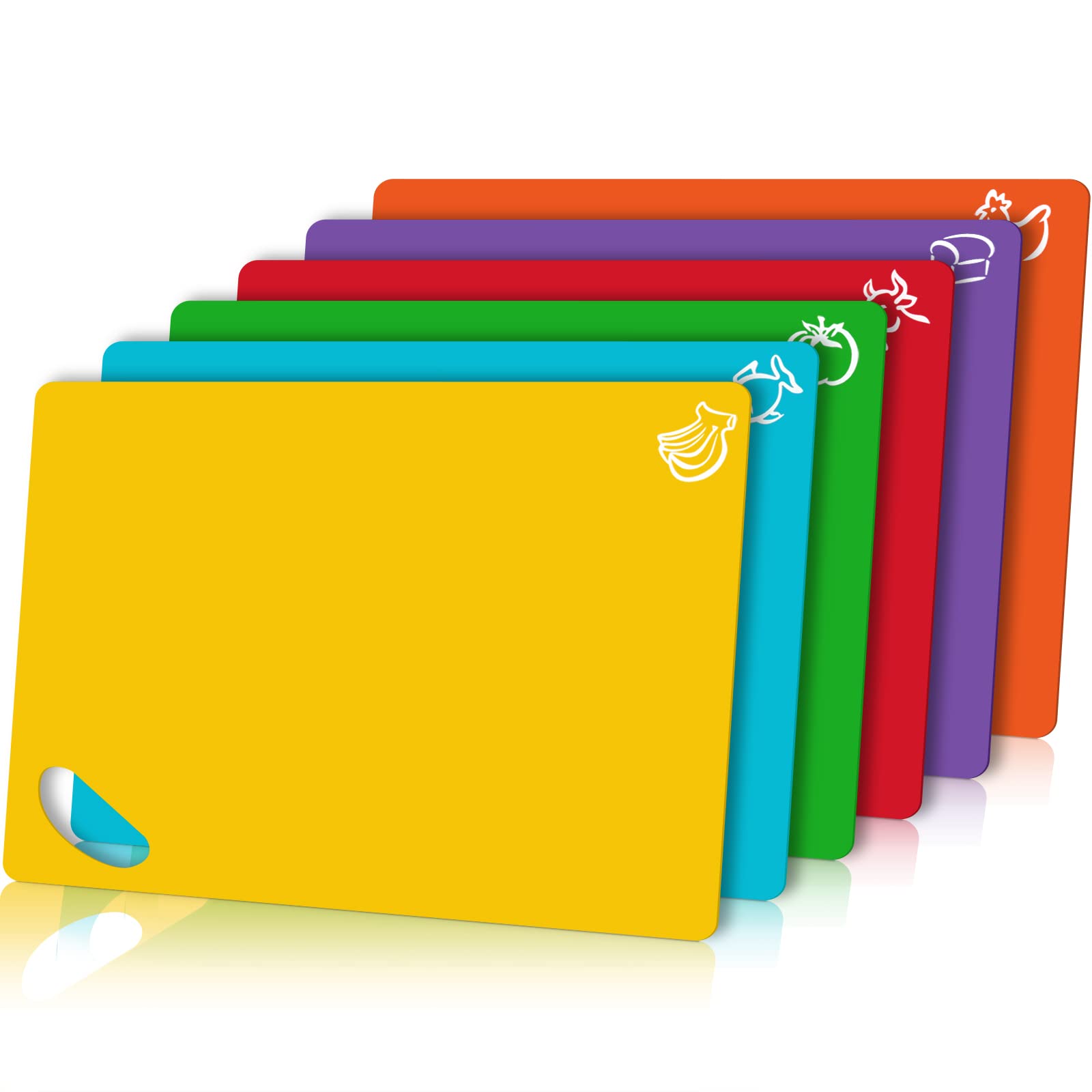 Flexible Plastic Cutting Board Mats, Set of 6 Colorful Chopping Boards, Cutting Boards for Kitchen Dishwasher Safe, Cutting Mat For Cooking with Food Icons Kitchen Gifts for Women, BPA Free, Non-slip