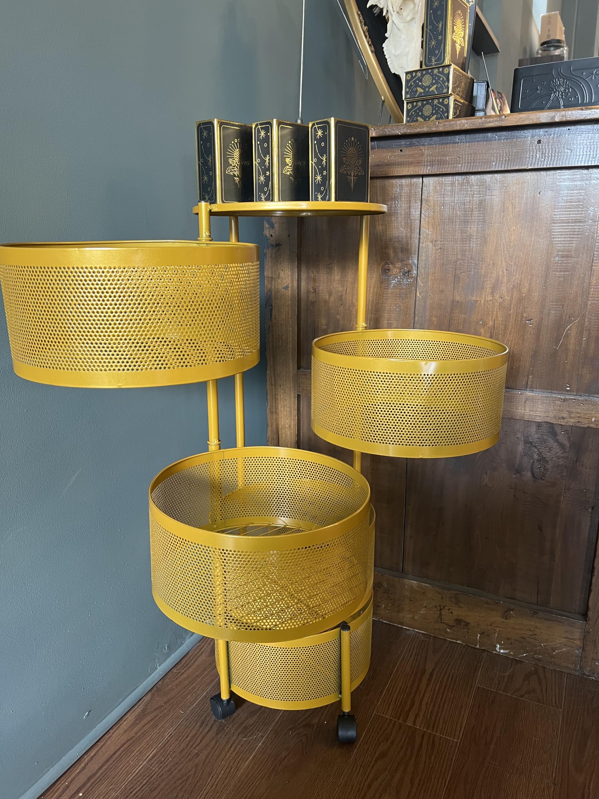 H&H Supply 5 Tier Rotating Storage Kitchen Cart Organizer Metal Vegetable Fruit Basket Rotating Shelves for Kitchen Dorm Office Bathroom Matte Yellow Gold Lightweight