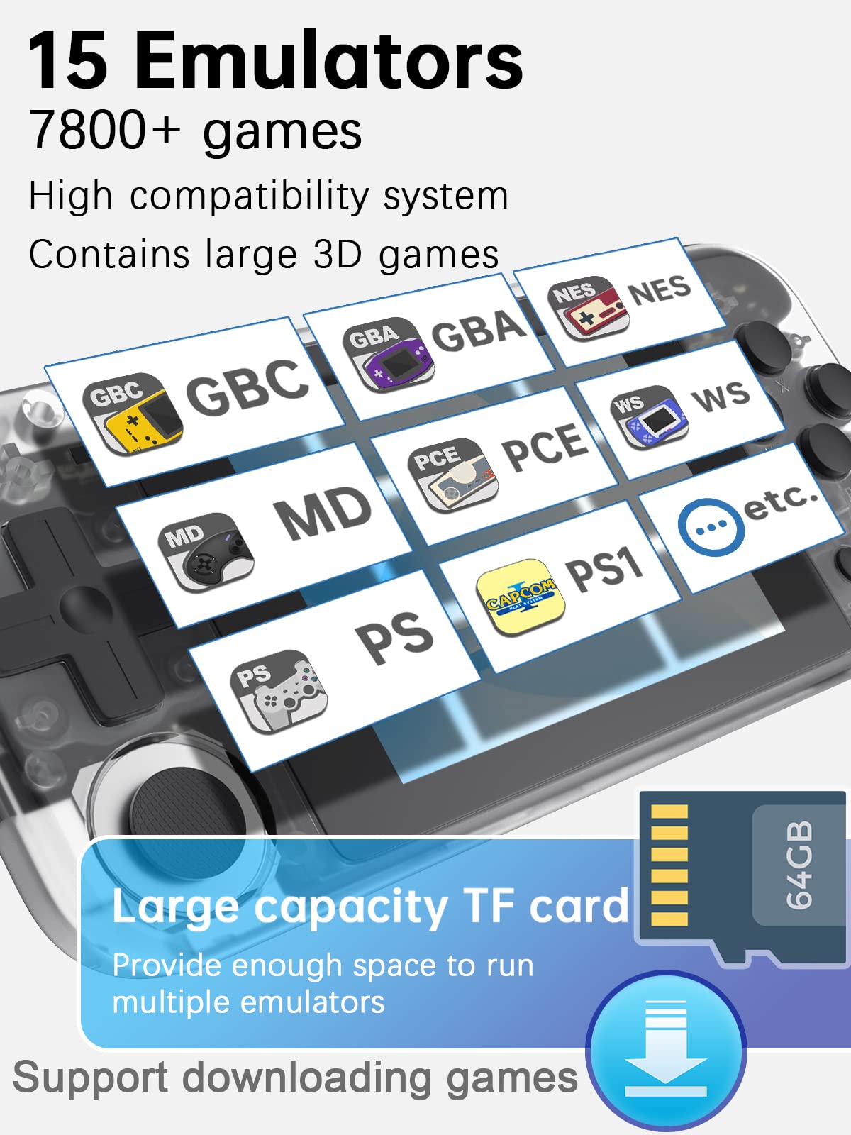 Fadist Handheld Game Console, Portable Game Console with Open Source System Preload 7800+ Games, 3.0 inch IPS Screen, 64G TF Card, Support Movies, Music, Ideal Gift for Kids, Adult, Friend, Lover