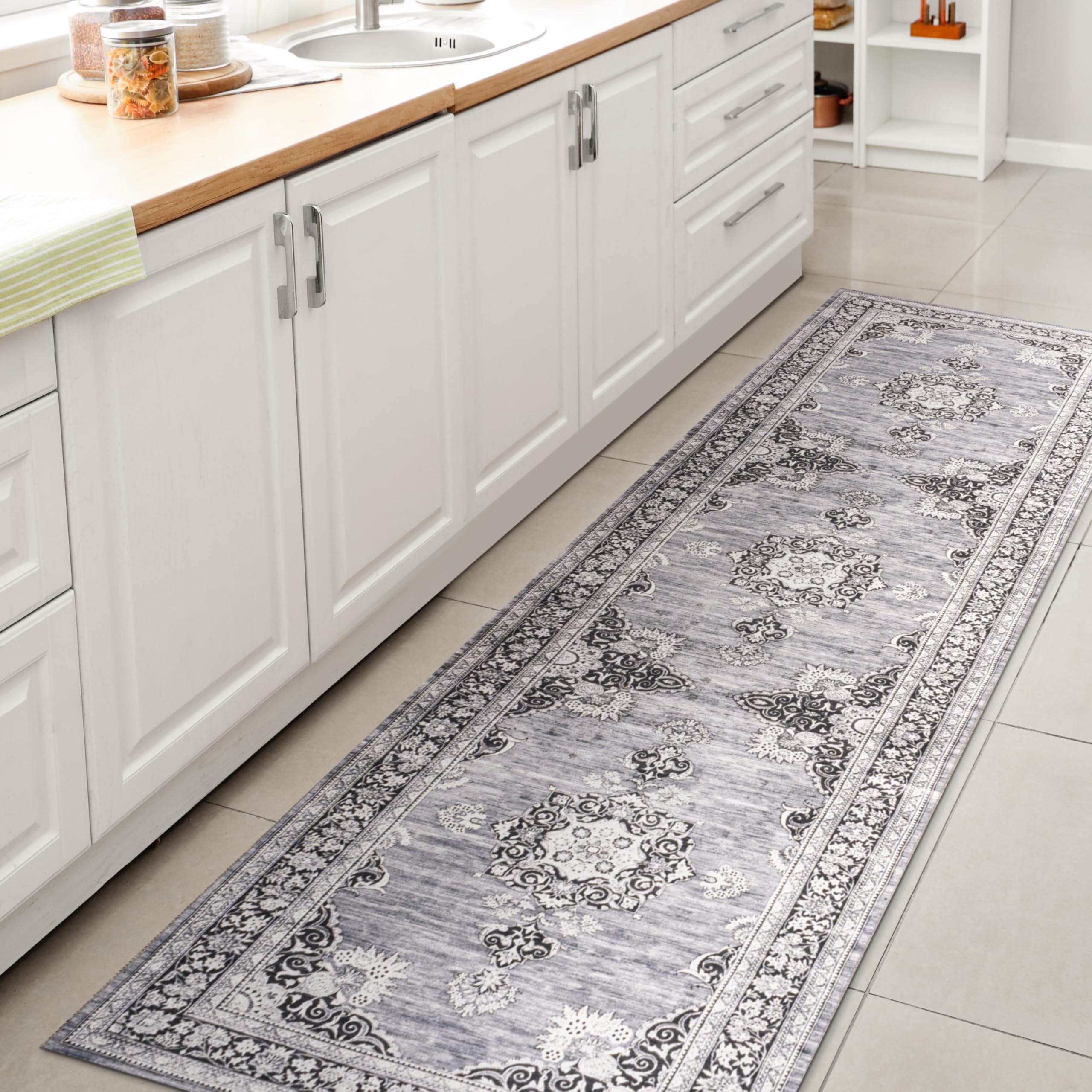 JONATHAN Y WSH201A-28 Bausch Bohemian Distressed Chenille Machine-Washable Runner Rug, Classic, Mediterranean, Rustic for Living Room, Dining Room, Bedroom, Kitchen, Gray/White, 2 X 8
