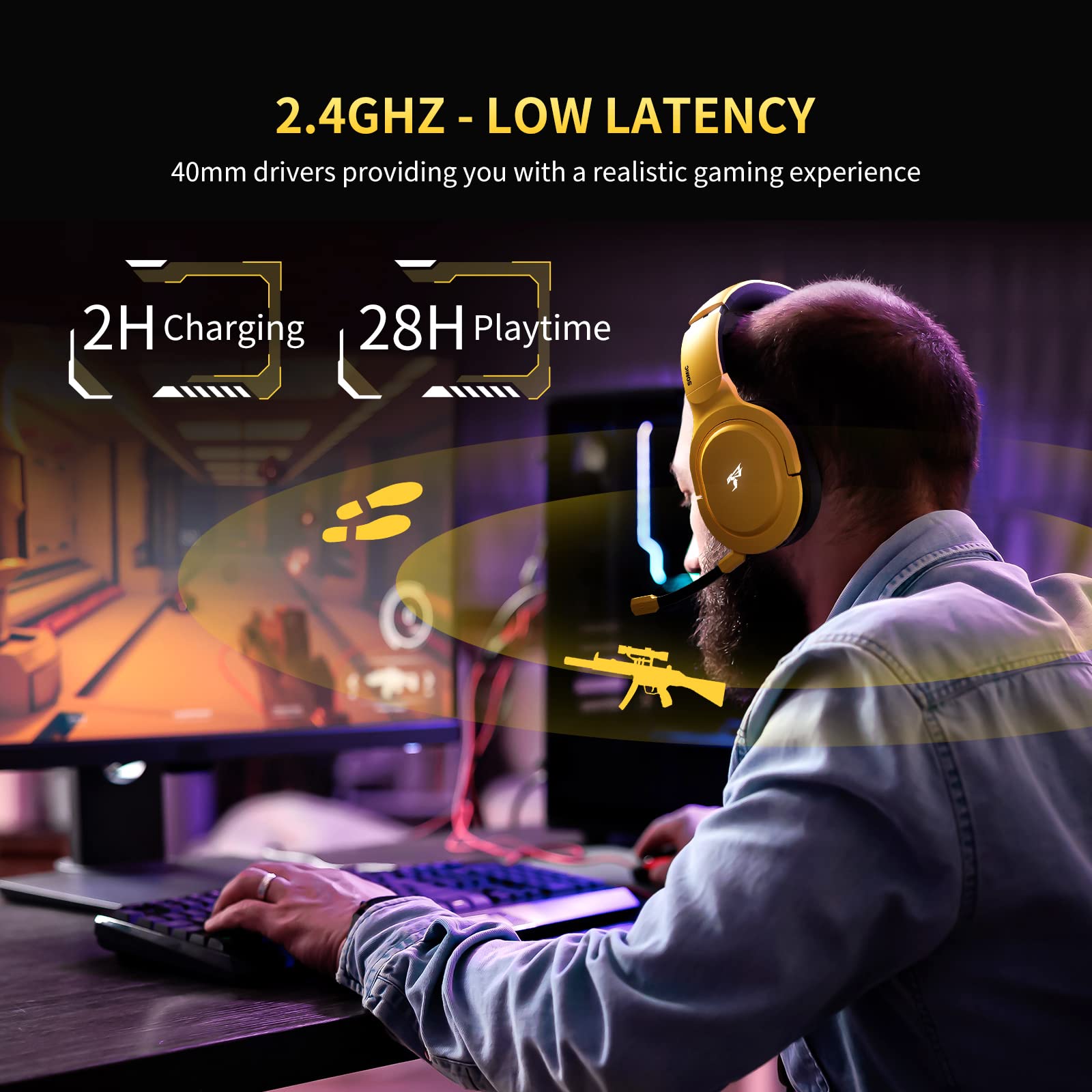 EASARS Wireless Gaming Headset, 2.4G Gamer Headsets, Foldable Bluetooth Headset, 28H Playtime, Detachable Microphone, Compatible with PC, PS5, PS4, Laptop