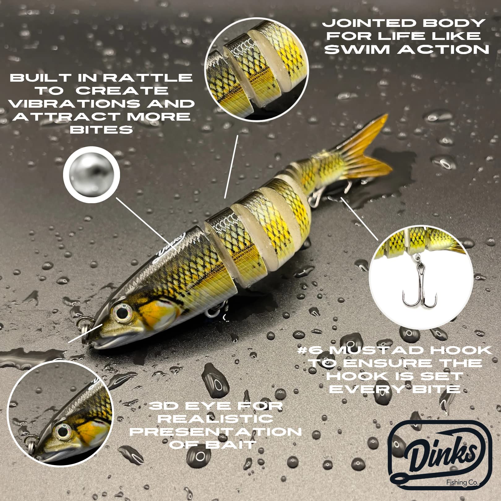 Dinks Segmented Fishing Lure with Lifelike Action, Freshwater and Saltwater 3D Jointed Fish Bait for Largemouth Bass, Pike, Salmon, and Walleye