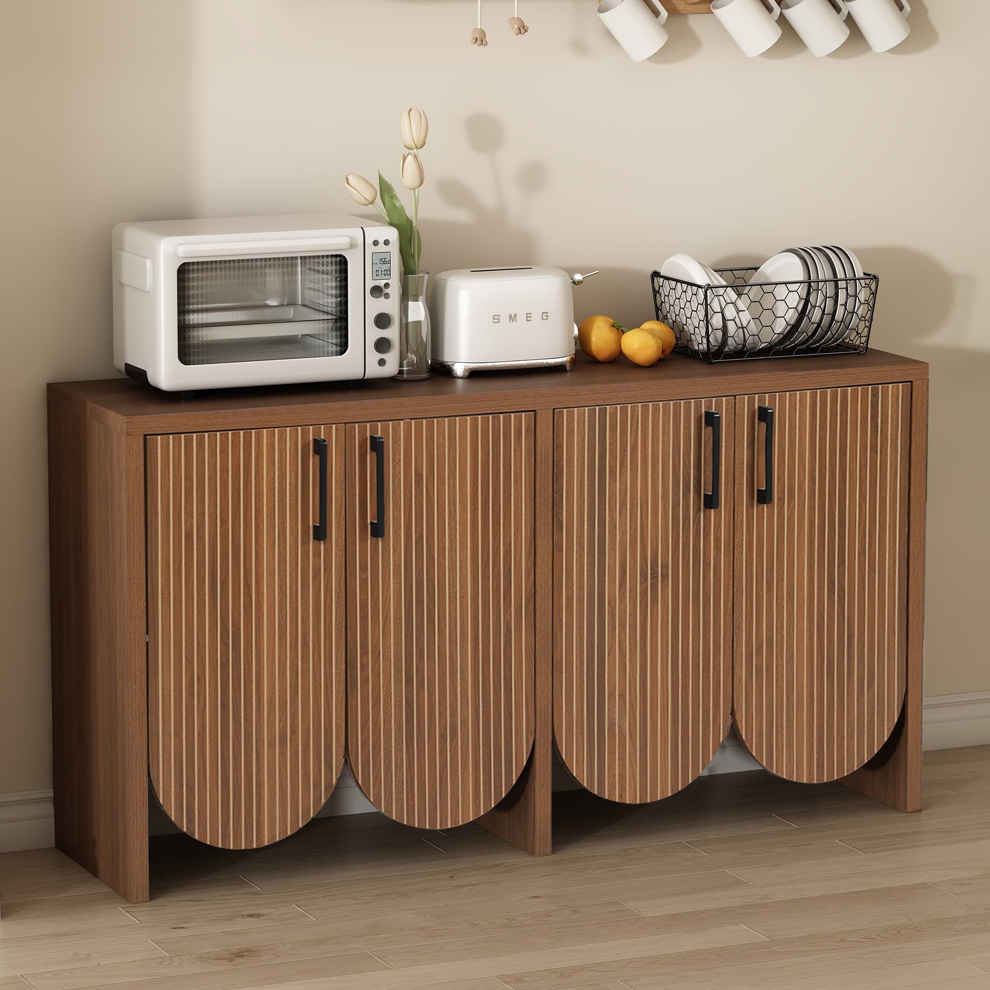 Fluted Buffet Sideboard Cabinet with Storage,Scandinavian 57.9β Storage Cabinet with Adjustable Shelves,Carved Arc Door Design Accent Buffet Cabinet for Living Room Dining Room (Walnut, 4 Door)