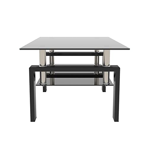 IANIYA Clear Glass Coffee Table Metal Tube (All-Black)