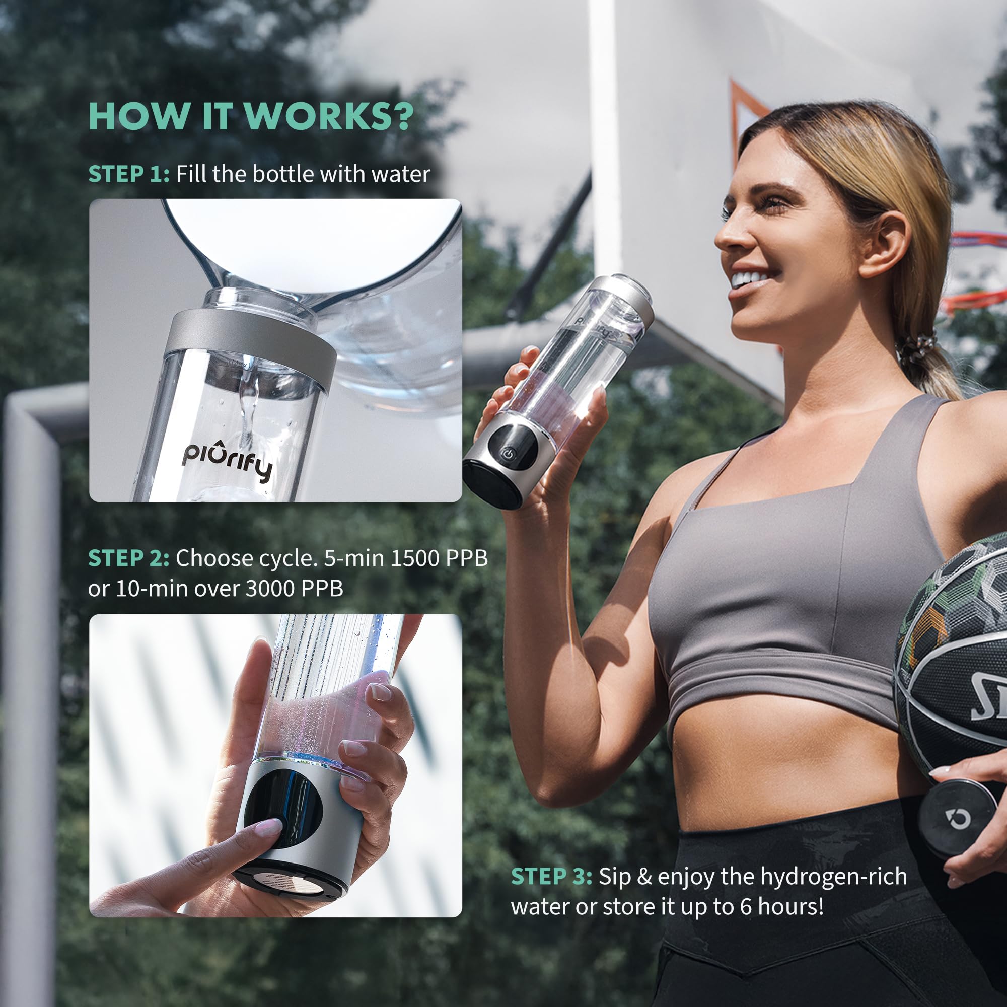 PIURIFY - 9.5 Oz Hydrogen Water Bottle Generator - up to 4100ppb Easy to use Hydrogen Water Machine with Advanced SPE/PEM Technology, Water Ionizer, Hydrogenated Water, Hydro Water Bottle (Silver)