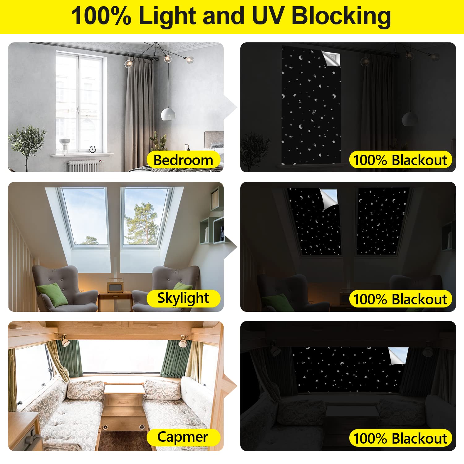 FADOTY 100% Blackout Blinds 79" x 57" Blackout Window Cover Travel Blackout Curtains for Bedroom Dorm Room Windows Temporary Blackout Shades for Night Shift Worker Black & Star
