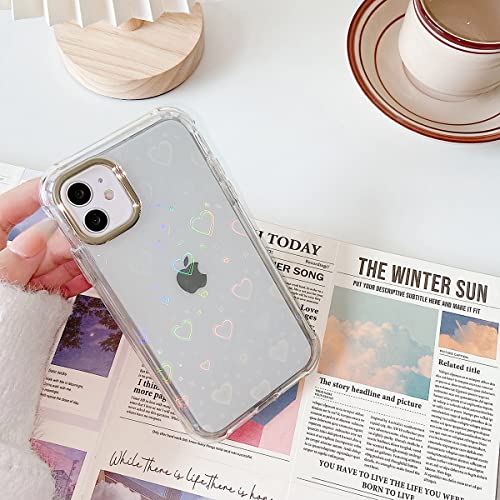 GAN Cheng Compatible with iPhone 11 Case 6.1" 2019 with Screen Protector, Shockproof TPU and Hard PC Cute Bling Glitter Sparkle Protective Case for Women & Girls - Clear Holographic Heart