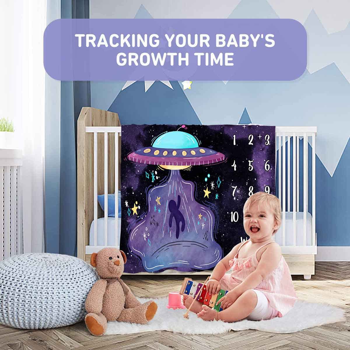 PHMOJEN Baby Monthly Milestone Blanket Fun Alien Spaceship Turquoise UFO Flying Saucer Age Blanket, Newborns 1 to 12 Months Unisex Include 4 Frames and 1 Headband 48"x40" BTLSPH729