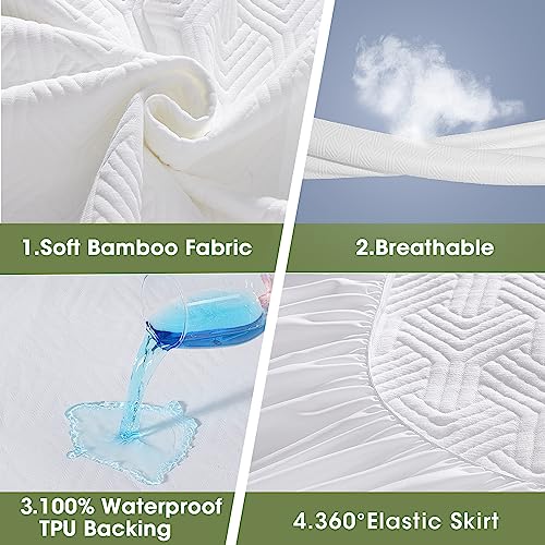 HYLEORY California King Size Waterproof Mattress Protector Viscose Made from Bamboo Cooling Mattress Pad Cover Breathable Soft 3D Air Fabric Noiseless Washable Fitted Sheet with Deep Pocket Up to 21"