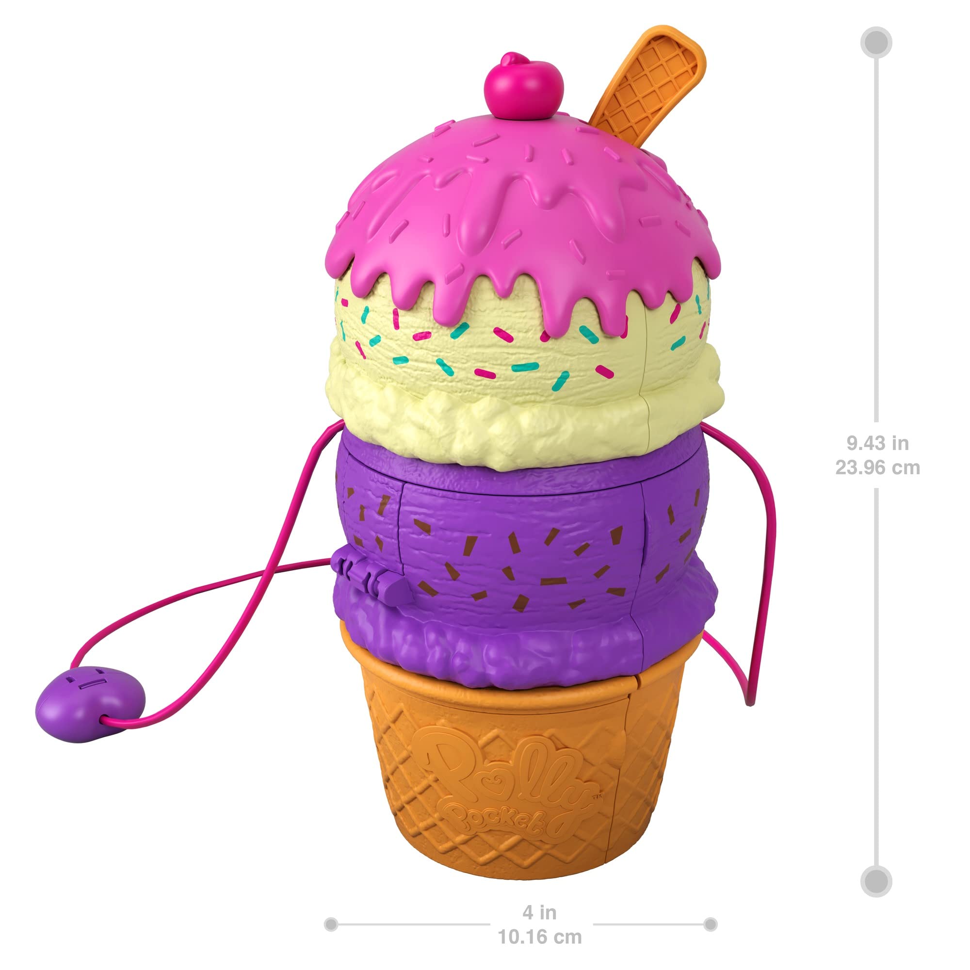 Polly Pocket Dolls and Accessories, Ice Cream Cone-Shaped Playground with 3 Floors and 2 Micro Dolls, Spin ‘n Surprise Compact