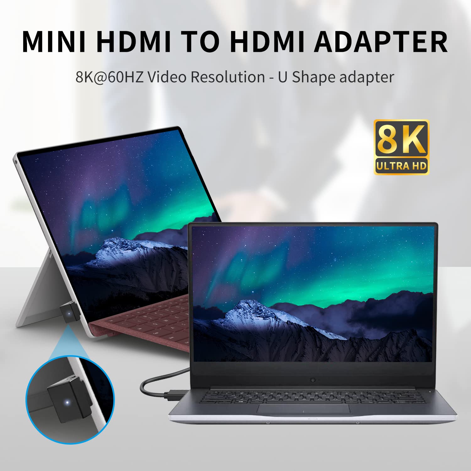 Duttek 180 Degree Mini HDMI to HDMI Adapter 8K, U Shaped HDMI to Mini HDMI Adapter 48Gbps UHD Down Angle Mini HDMI Male to HDMI Female Extender Converter for Cameras, Projectors 2 Pack