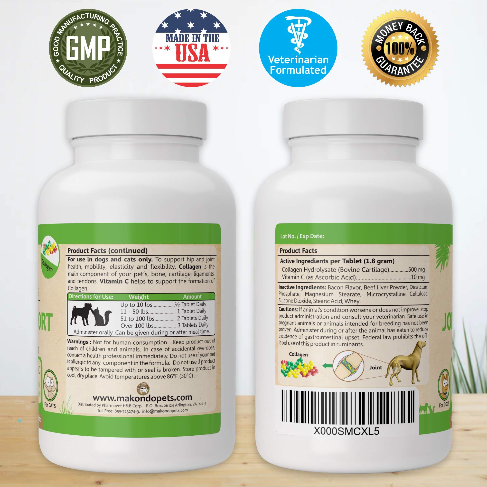 Makondo Pets - Collagen for Dogs & Cats - Collagen Supplements for Joint Health - Vitamin C Supplement for Joint Mobility - Joint Support Supplement for Dog & Cats - Bacon Flavored Tablets (60 Count)