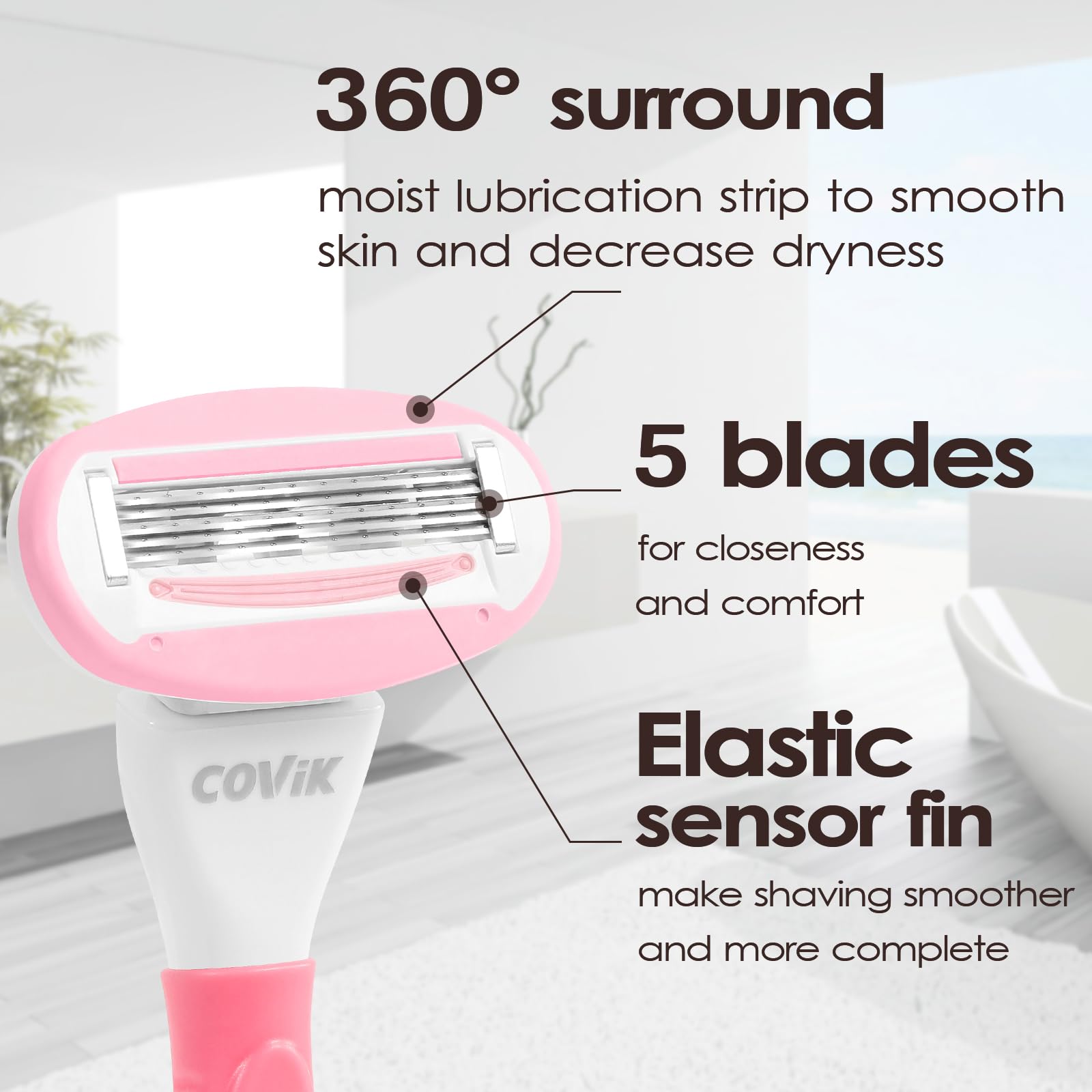 COVIK Razors for Women, 5 Blade Womens Razors for Shaving, Razor for Women Sensitive Skin Smooth Shaving include 1 Non-Slip Razor Handle, 2 Razor Blade Refills, 1 Hook, Pink