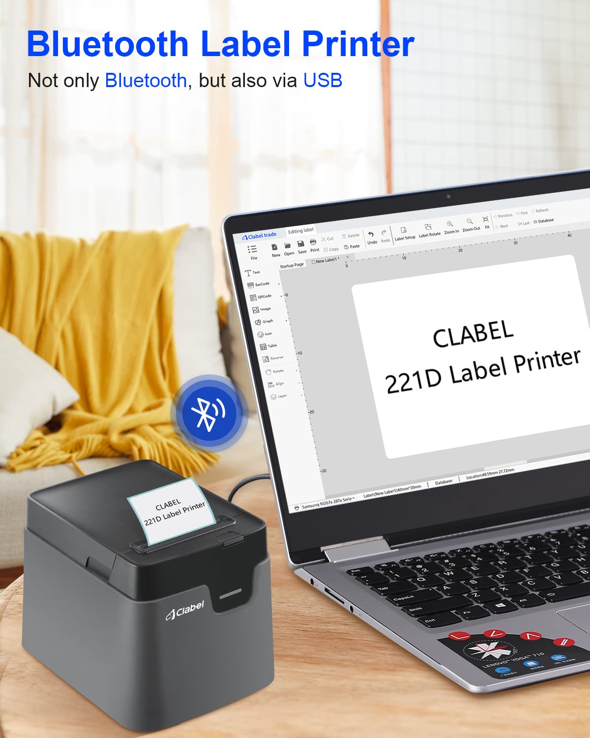 CLABEL 221D Bluetooth Barcode Label Printer: 2 Inch Desktop Label Maker Thermal Barcodes Printer for Address Shipping Warehouse with 1 Roll 40x30mm Label