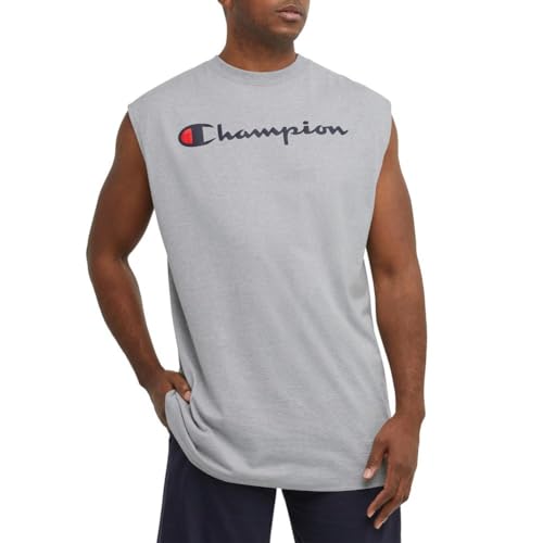 Champion T-Shirt, Sleeveless, Tank, Classic Muscle Tee Top for Men (Reg Tall), Oxford Gray Script, 4X-Large Big