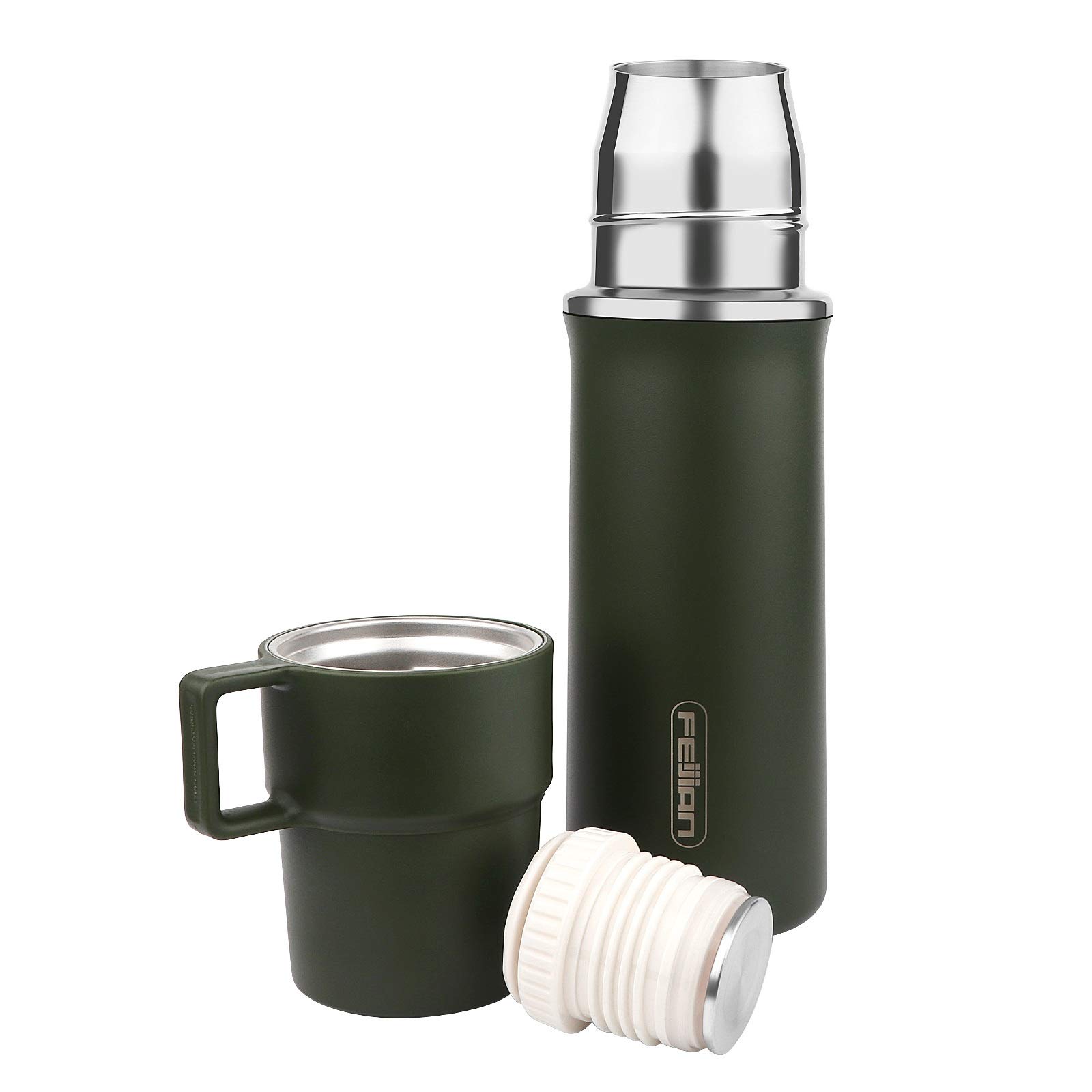 FEIJIAN Coffee Thermos with Cup,21 OZ Stainless Steel Water Bottle, Vacuum Insulated Water Bottle, Thermos for Hot Drinks/Cold Drinks, Leakproof Build-in Lid Cup Integrated Handle, Army Green