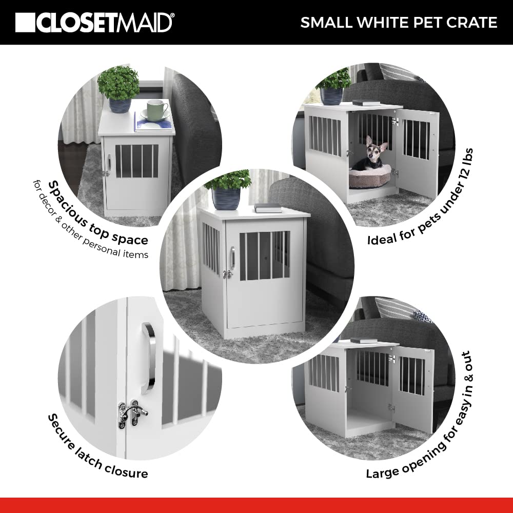 ClosetMaid Pet Crate End Table Furniture for Small Dogs or Cats Under 12 lbs, White Wood Finish