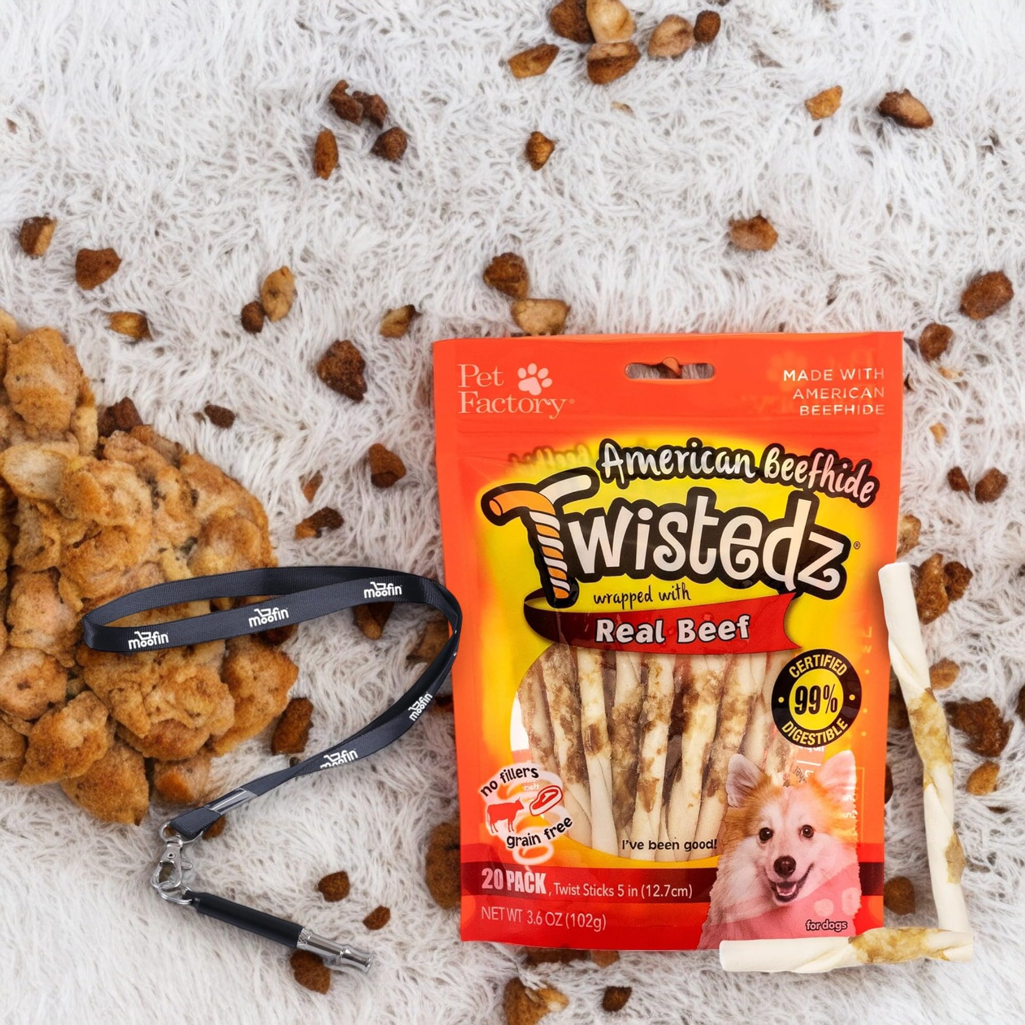 Frontier Turmeric Root Powder Beef Hide Dog Chews Treats 3.6 Oz, 20 Count, 5" Twistedz with Real Beef Center, Bundle Training Stainless Steel clicker Whistle [Pack of 3]