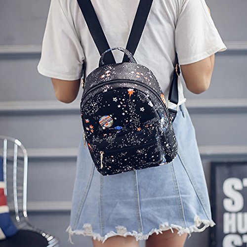 CLARA Fashion Mini Backpack Star Universe Space Printing Travel Bag PU Leather Casual Daypack Small Satchel Black