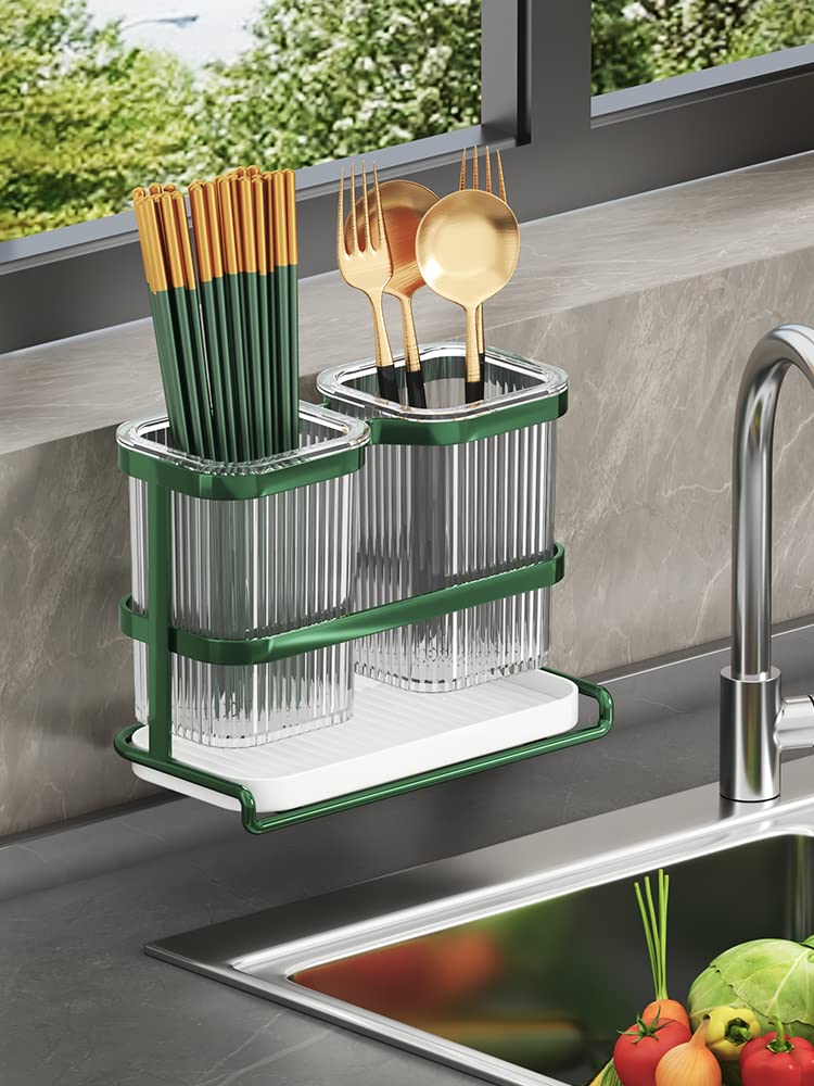 FEIJSQIU Utensil Holder with 2 Compartments Cooking Utensil Holder for Cooking Tools Storage and Utensil Organizer Utensil Drying Rack has Tray at Bottom for Easy Drainage.Clean Easy (Green)