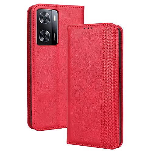 IDEWEI Case for Oppo A57S CPH2387/CPH2385 Leather Stand Wallet Flip Case Cover for Oppo A57S CPH2387/CPH2385 Retro Magnetic Phone Shell Wallet Phone case with Card Slots Red