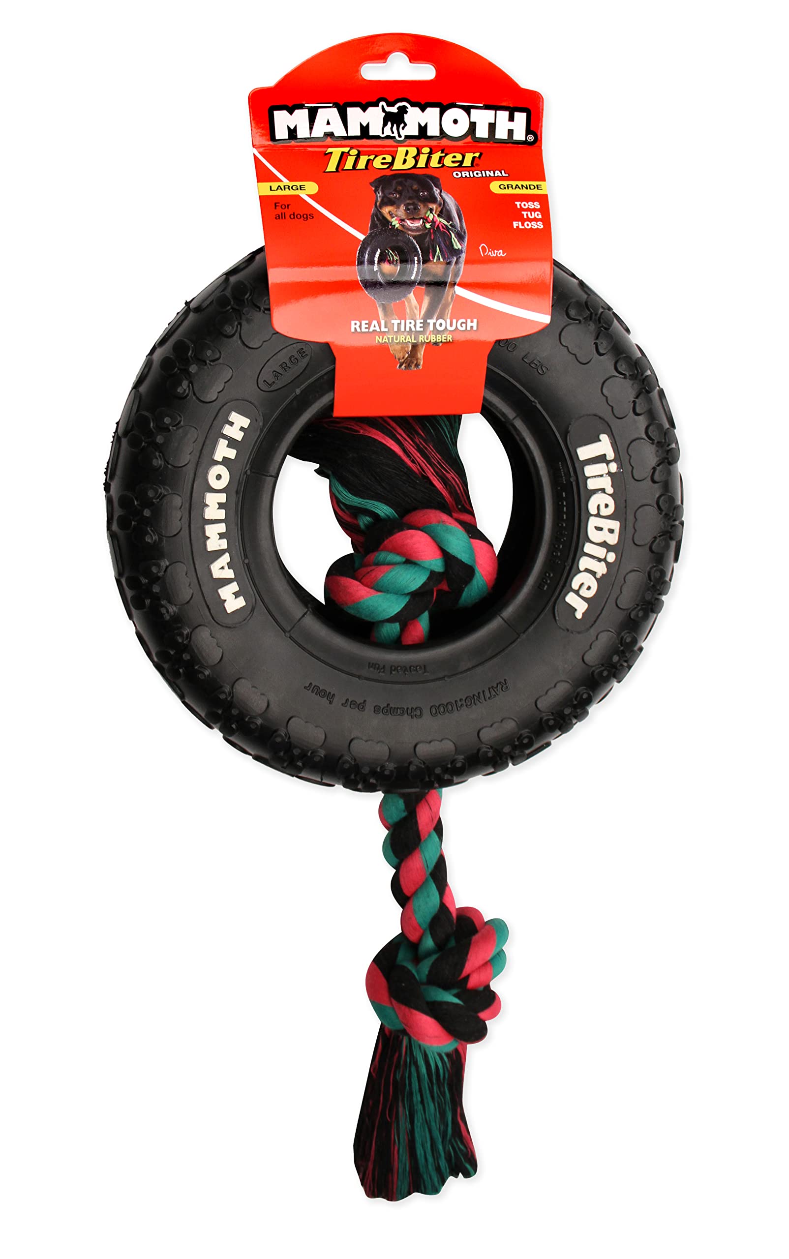 Mammoth TireBiterII with Cotton-Poly Rope – Natural Rubber Dog Toys for Extreme Chewers – Dog Toys for Extra Long Interactive Play – Aggressive Chewer Toys for Medium - Large Dogs - Large 6”