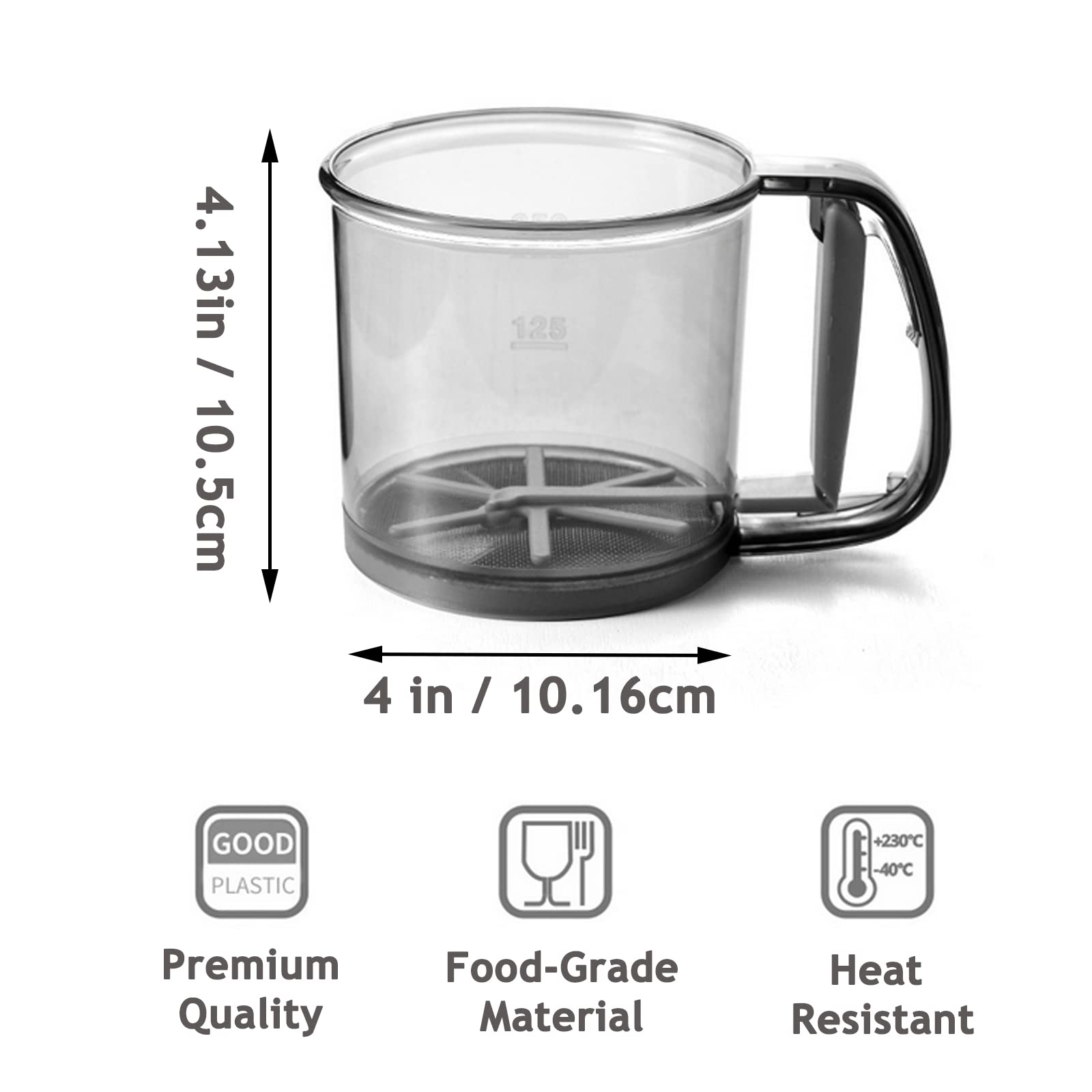 Flour Sifter for Baking, Flour Sifter, Fine Mesh with Hand Press Design, Portable Manual Sifter for Baking, Powdered Sugar, Flour, BPA Free, Gray