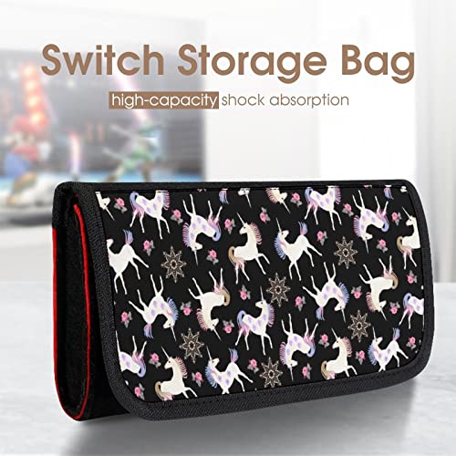 Fairy Unicorns, Golden Mandala Flowers and Pink Roses Carrying Case Storage Holder Bag Printed Handbag for Switch Console Game and Slots Cards Accessories