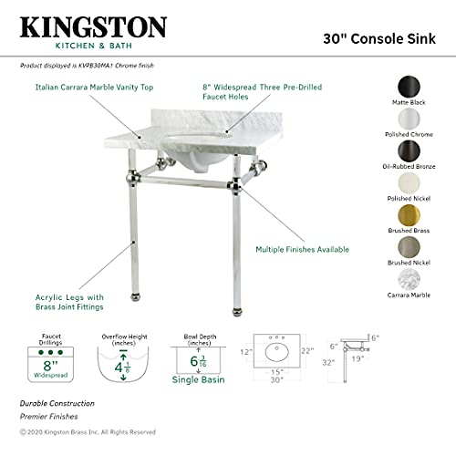 Kingston Brass Fauceture KVPB30MA7 Templeton Carrara Marble Bathroom Console Vanity with Acrylic Pedestal, Carrara Marble/Brushed Brass