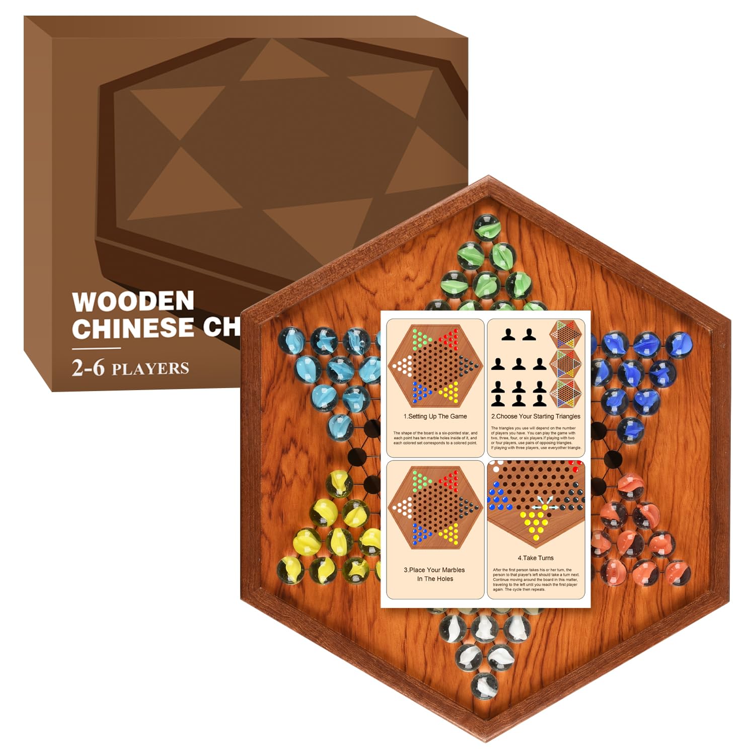 Upgraded Wooden Chinese Checkers with Drawers 12.7 Inches Wooden Board Game Includes 72 Colorful Glass Marbles Easy Grasping for Adults and Kids