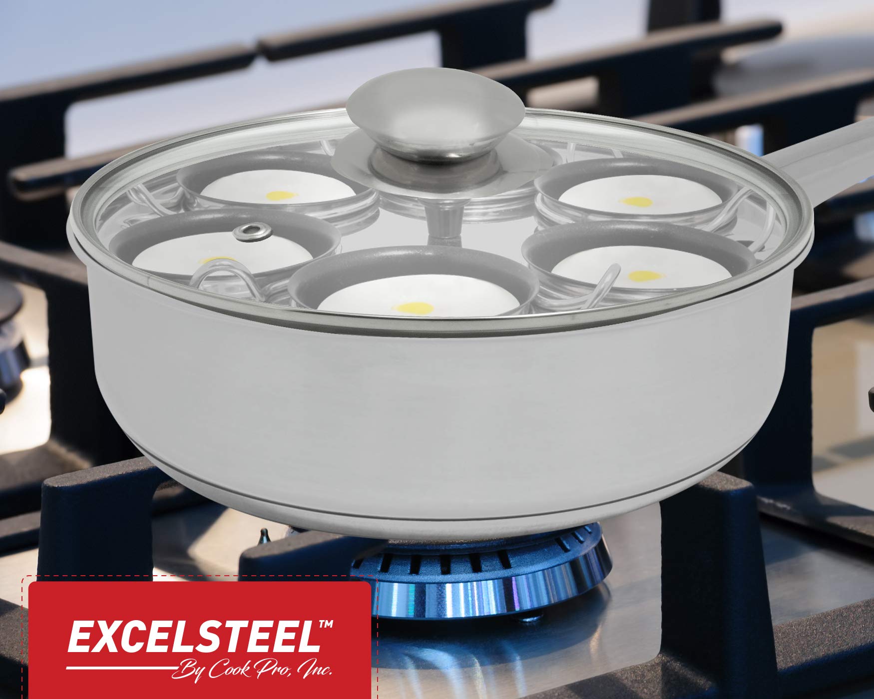 EXCELSTEEL Non Stick Easy Use Rust Resistant Home Kitchen Breakfast Brunch Induction Cooktop Egg Poacher, 6 Cup, Stainless Steel, Round