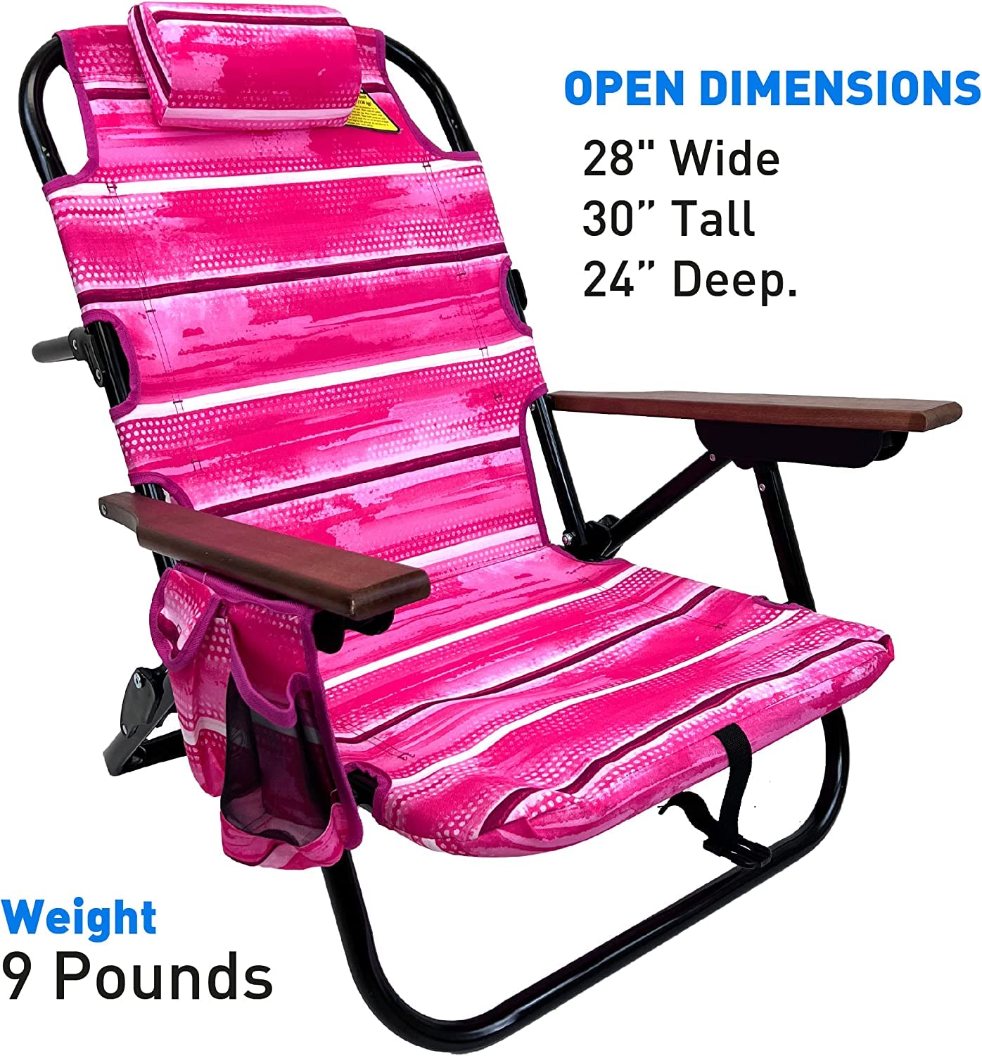 EasyGo Product Backpack Beach Chair 5 Positions and Cup Holder Pouch on Side Padded Pillow Storage Bag on Back Lightweight Rustproof Aluminum Black Frame, 2 Pack Pink & Blue