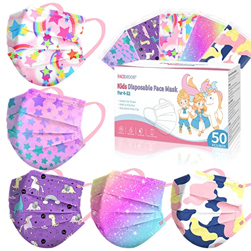 Kids Disposable Face Masks Girls - 50 Pack Kids Mask Disposable Children Small Size Unicorn Face Mask 3 Ply Cubrebocas Para Niños Individually Wrapped