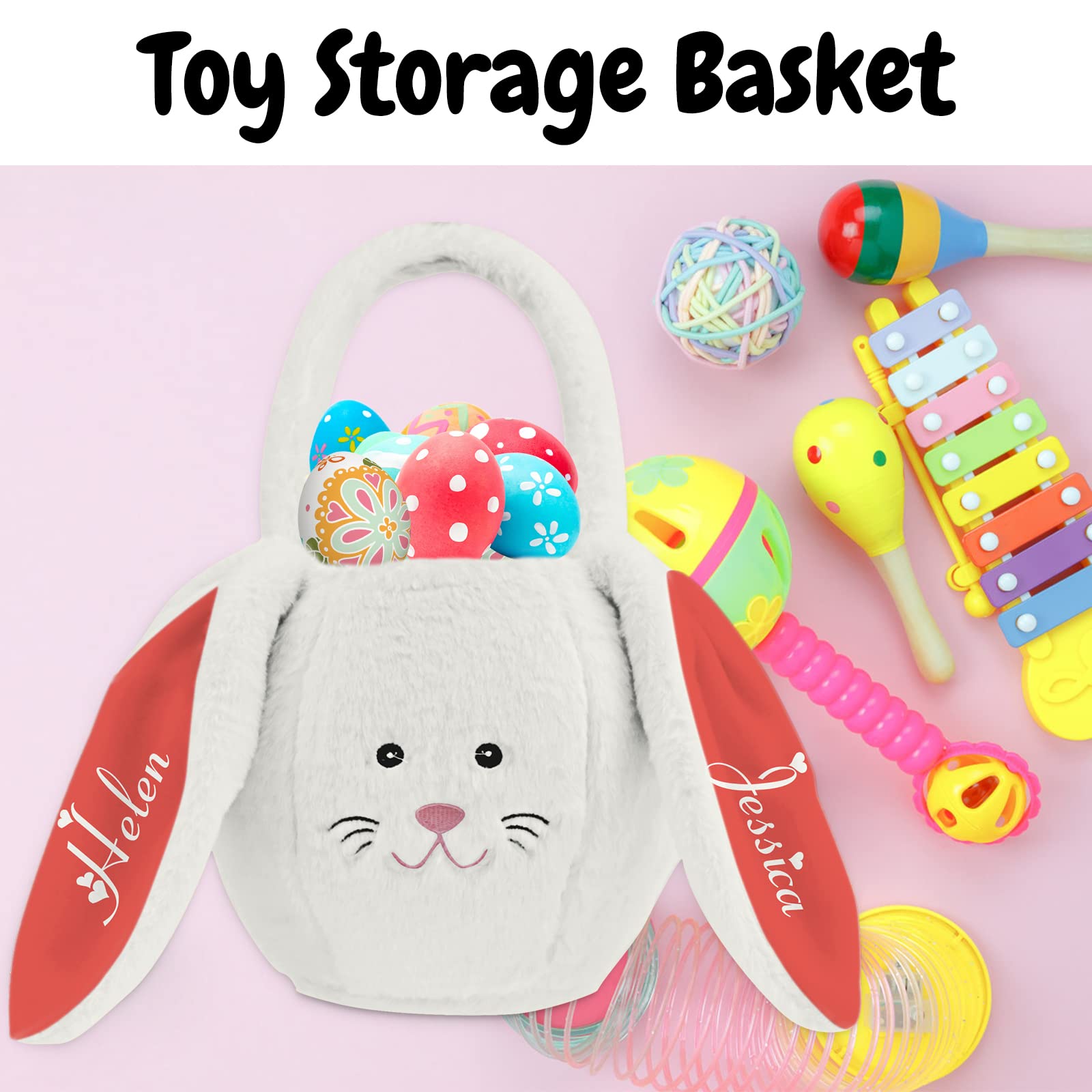 Easter Bunny Basket Egg Bags for Kids Personalized Furry Critter Easter Basket for Kids with Name Toy Storage Basket-Brown Bunny