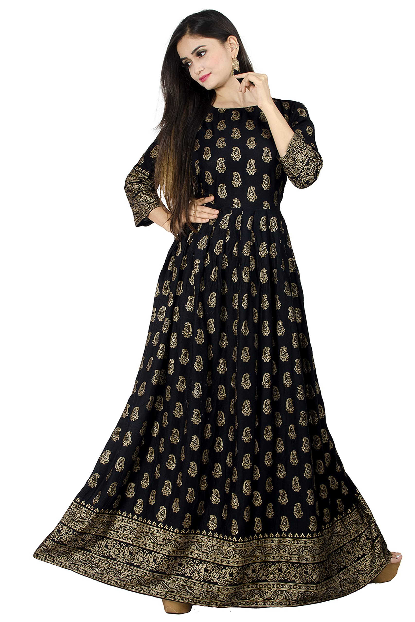 Chandrakala Gold Foil Printed Long Kurti for Women Rayon Indian Anarkali Ethnic Tunic Top Kurta Kurti Dress,Large (K199BLA3)