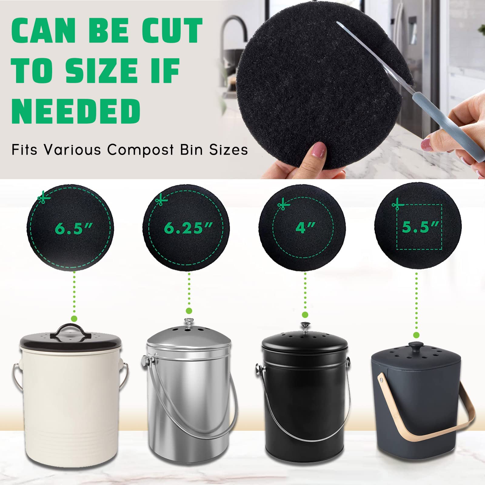 Charcoal Filters for Compost Bucket, 6 Pack Compost Filters for Kitchen Compost Bin Pail Replacement Filter Countertop Home Bucket Refill Sets, Round