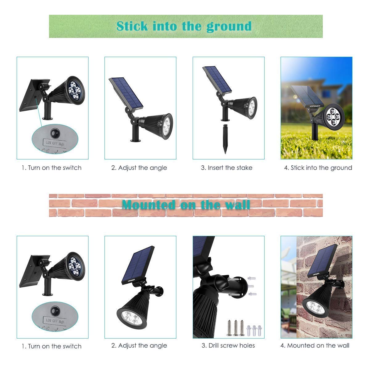 URPOWER 2-in-1 Waterproof 4 LED Solar Spotlight Adjustable Wall Light Landscape Light & 1000LM 130 LED Solar Motion Sensor Lights, 3 Adjustable Heads Solar Flood Lights for Patio,Garden(4pack+1pack)