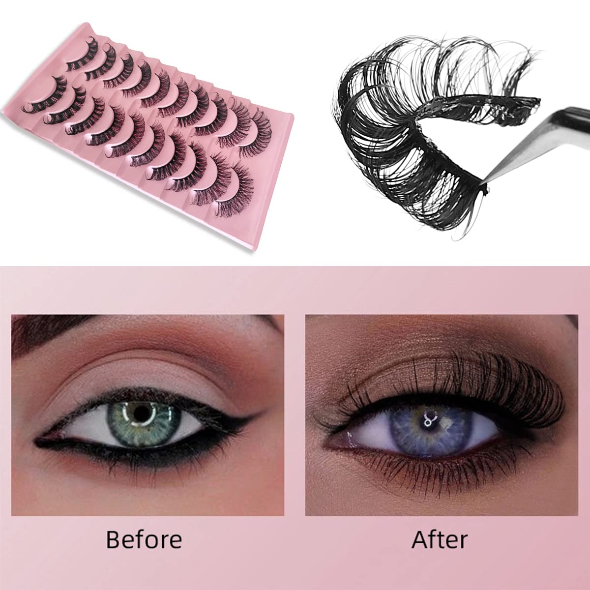 False Eyelashes Russian Strip Lashes Natural Look 3D Effect Wispy Fluffy Curly, DD Curl False Eyelashes Super Curl Faux Mink Lashes 10 Pairs Pack