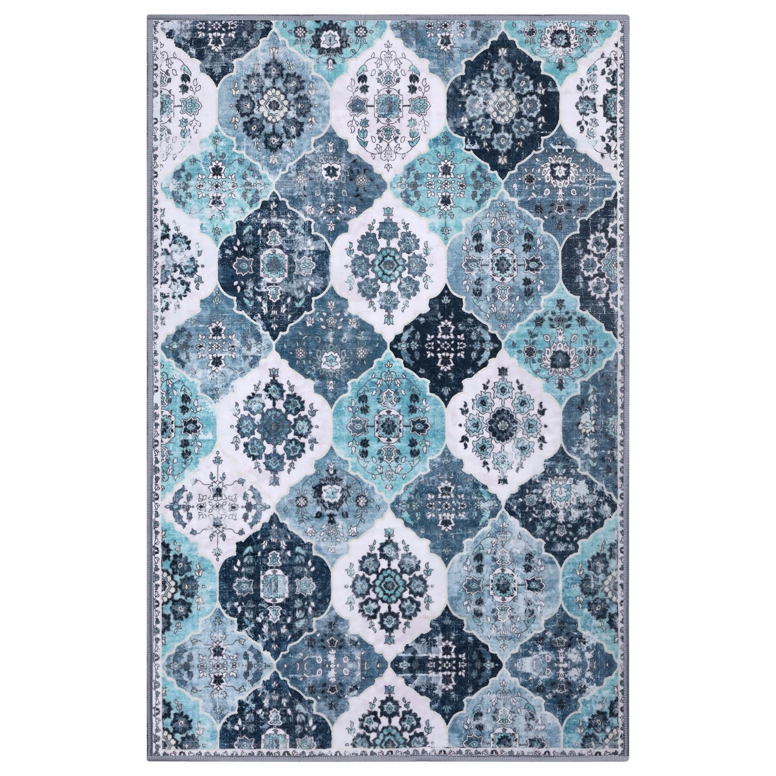 FLYRUGGO Area Rugs, 5x7 Washable Boho Throw Rug Indoor, Moroccan Trellis Bohemian Ultra Soft Large Non-Slip Carpet for Living Room Dining Room Office Bedroom (001-Blue White/Multi, 5x7)
