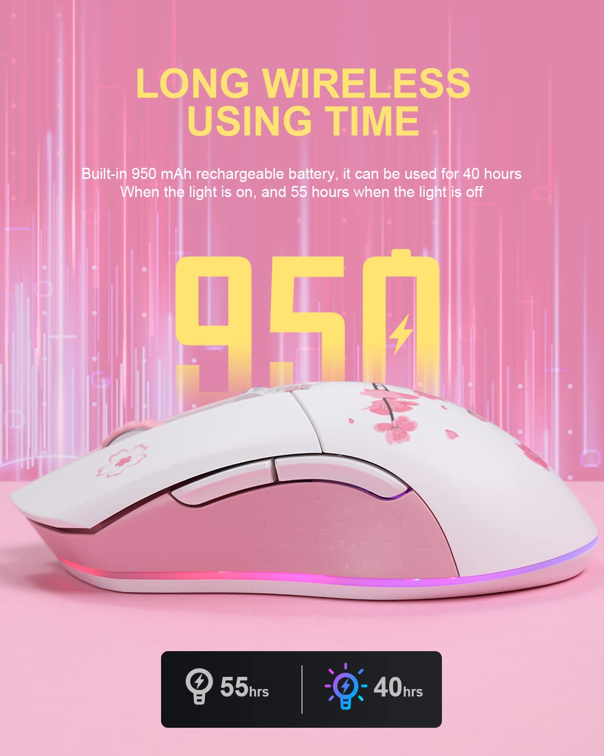 DAREU Sakura Pink Wireless Wired Gaming Mouse, Dual-Mode Rechargeable 7 Programmable Buttons,10K DPI,RGB and 7 Adjustable DPI Levels up to [150IPS] [1000Hz Polling Rate] for PC Notebook Mac