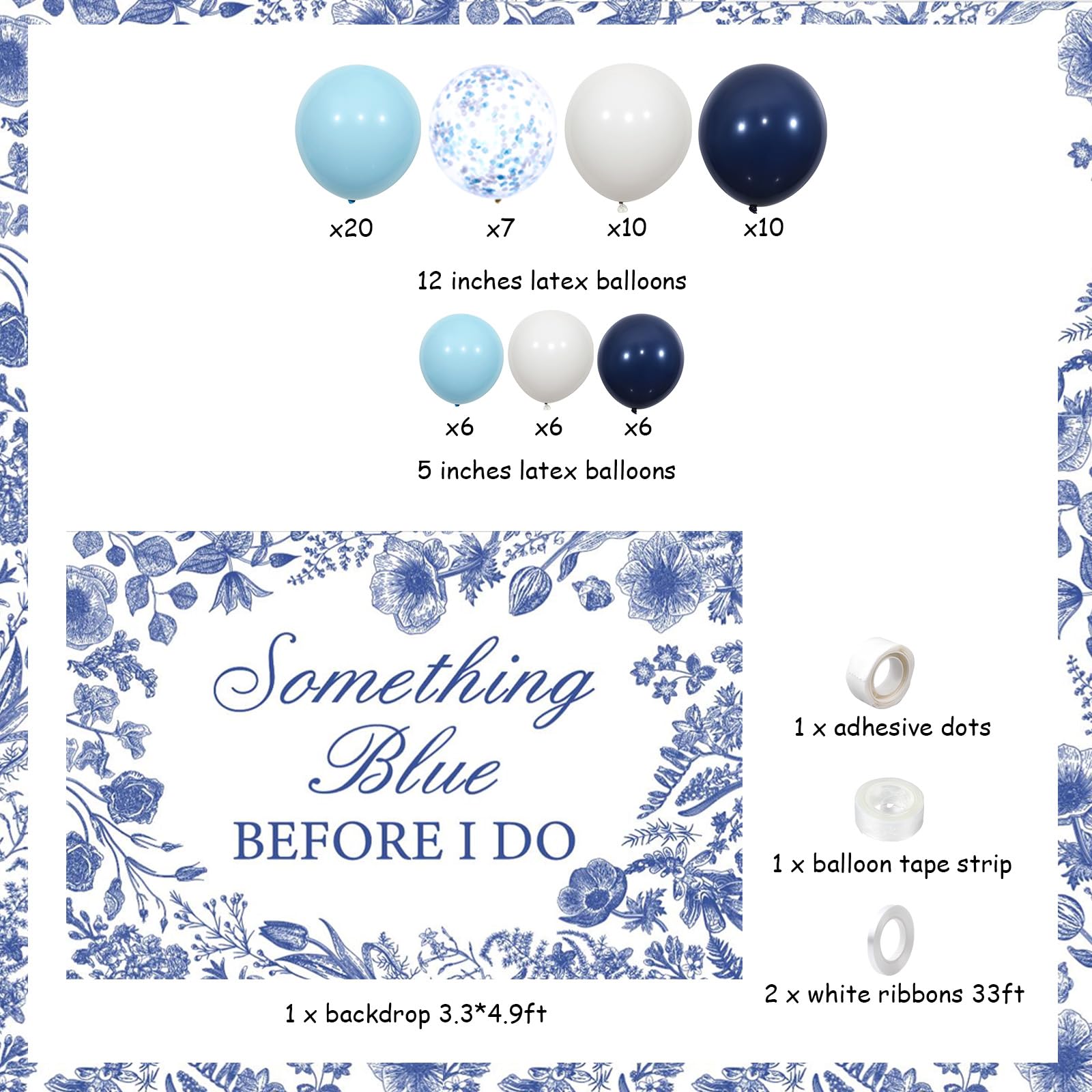 JOYMEMO Something Blue Before I Do Bridal Shower Decorations for Women, Blue and White Balloons Garland Arch Kit with Blue Flower Party Backdrop, I Do Diamond Ring Balloon, Bachelorette Party