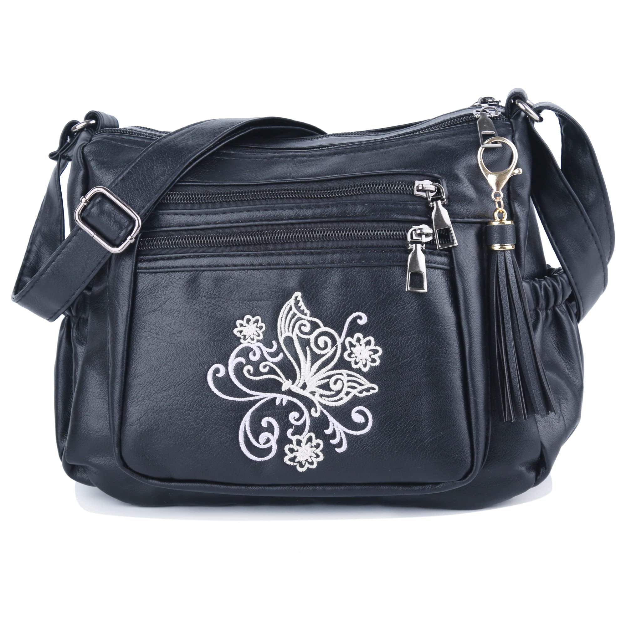 ELDA Embroidered Crossbody Bags For Women Print Pocketbooks Soft PU Leather Purses and Handbags Multi Pocket Shoulder Bag
