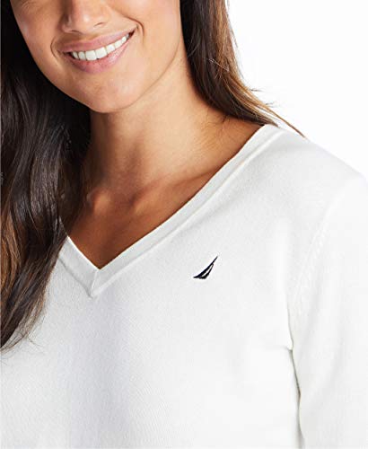 Nautica womens Effortless J-class Long Sleeve 100% Cotton V-neck Sweater, Marshmallow, Medium US