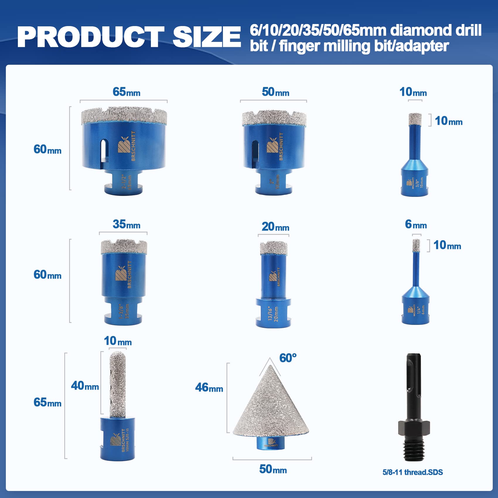 Diamond Core Drill Bit Set for Porcelain Tile Ceramic Marble Granite Drilling(1/4" 3/8" 4/5" 1-3/8" 2" 2-1/2" 4“)