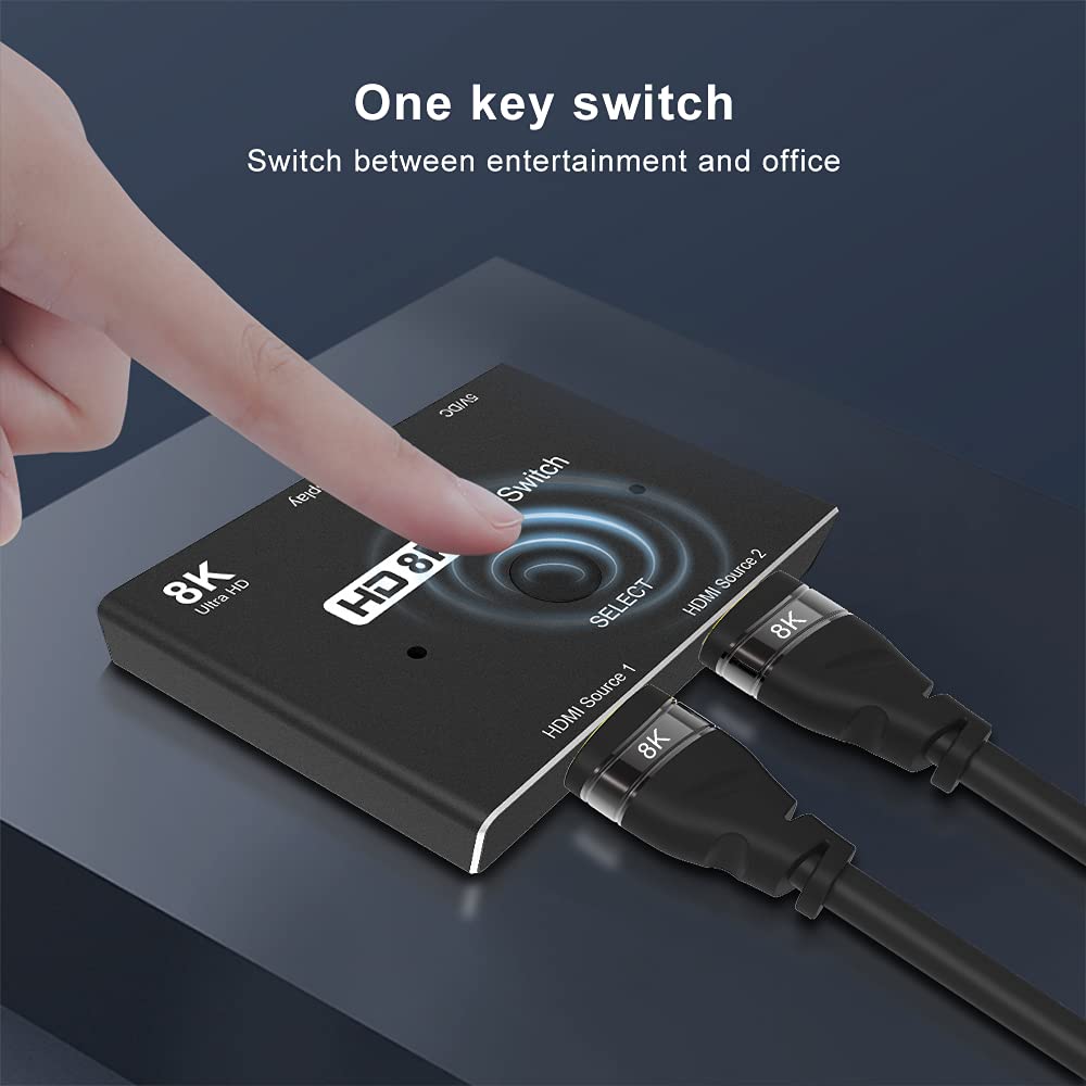 CABLEDECONN HDMI 2.1 Ultra HD 8K High Speed 48Gbps Directional Switch Adapter 2in 1out 8K@60Hz 4K@120Hz Converter Compatible with XBOX PS5 Projectors Monitors