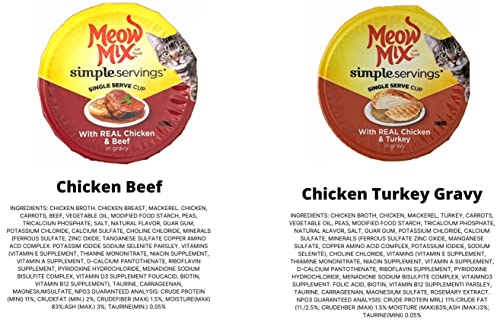 ILC Buy Meow Mix Simple Servings Variety Bundle| 6 Flavors,(2) Each: Chicken Turkey, Tuna Whitefish, Chicken Beef, Tuna Salmon, Chicken Breast, Tuna Shrimp (1.3 OZ) Plus Foam cat Toy Ball Magnet.