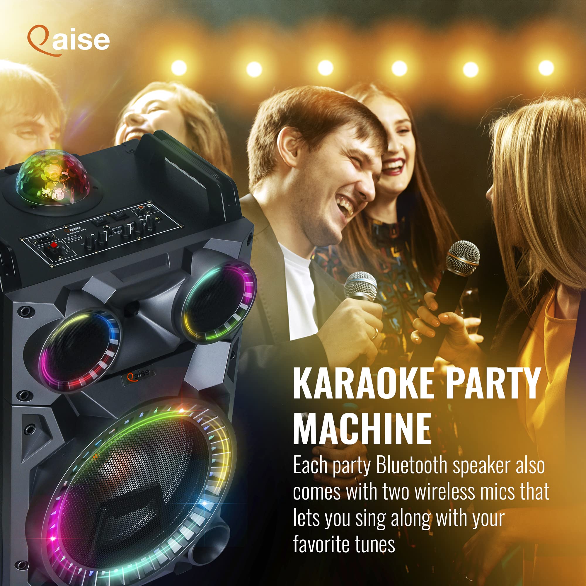 Portable Bluetooth Party Speaker and Karaoke Machine with 2 Wireless Mics, Disco Ball, LED Lights, Handle and Wheels, FM Radio. Loud Party Sound System, Rechargeable Tailgate PA Speaker